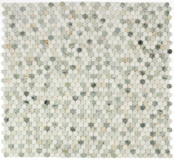 Calacatta Green Penny Round Polished Mosaic Tile – Hey Tiles