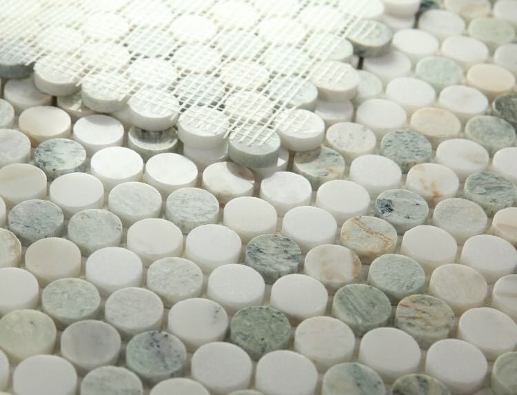 Calacatta Green Penny Round Polished Mosaic Tile – Hey Tiles